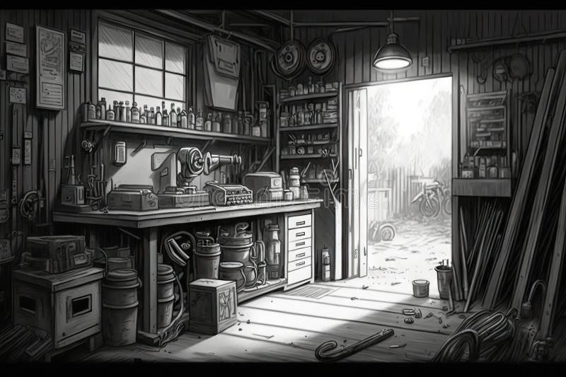 A Detailed Drawing of a Garage, with Tools and Machines in Place Stock ...