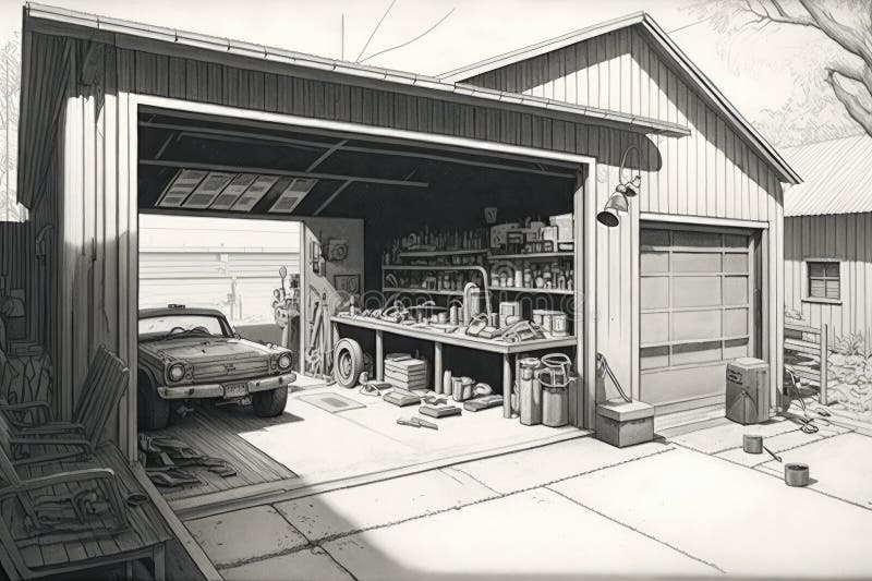 A Detailed Drawing of a Garage, with Tools and Machines in Place Stock ...