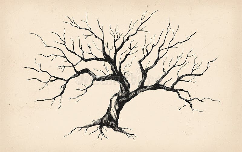 Detailed Drawing of a Gnarled Tree with Bare Branches Set Against a ...