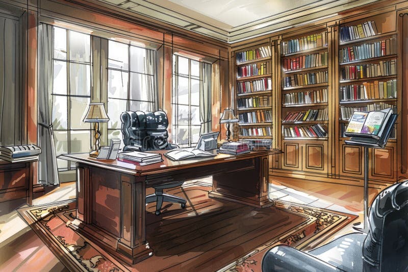 A Detailed Drawing of a Home Office Desk. Suitable for Interior Design ...