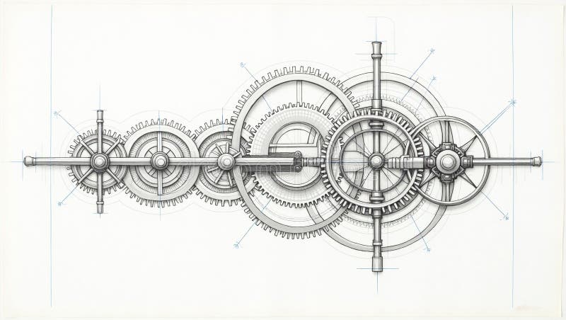 Detailed Technical Drawing of Interconnected Gears and Wheels on a ...