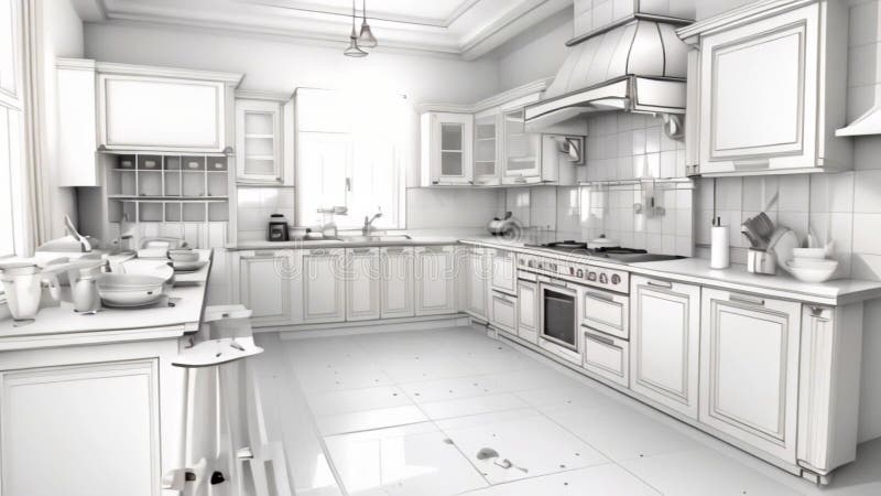 A Detailed Drawing of a Kitchen Featuring Pristine White Cabinets and ...