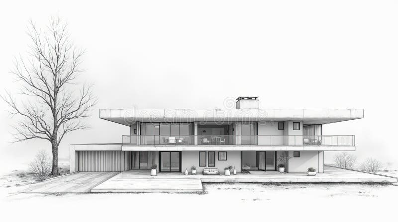Minimalistic White Toned Detailed House Drawing with Modern Design ...