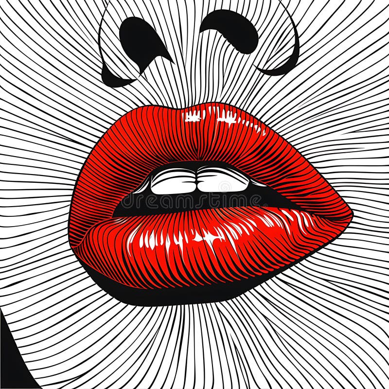 Detailed Drawing Portraying Womans Face, Emphasizing Her Red Lips. Lips ...