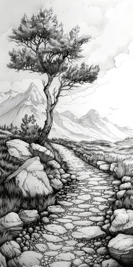 Tree on Rocky Path in Mountain Landscape Stock Illustration ...
