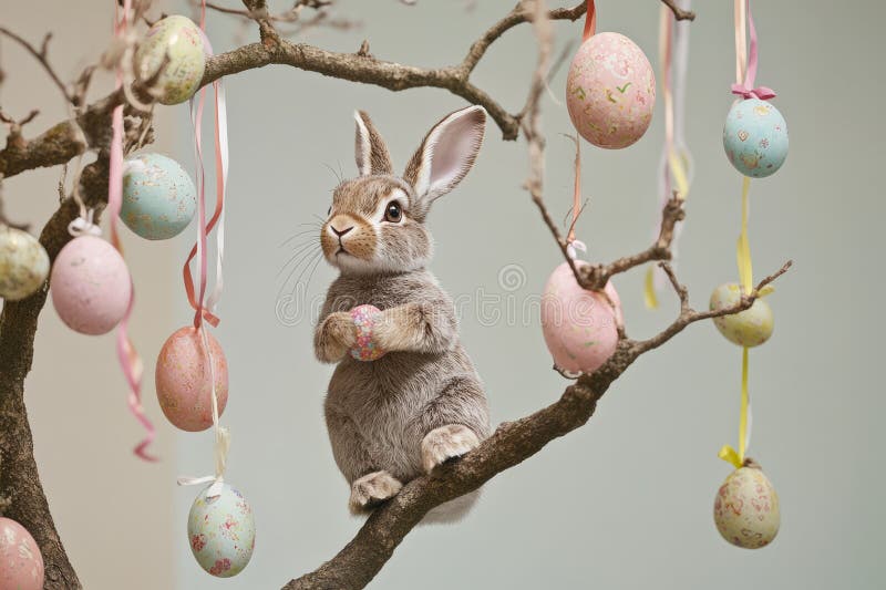 A Detailed Easter Bunny Standing on a Tree Branch, Surrounded by Hand ...