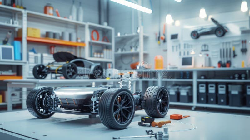 Detailed Electric Vehicle Components on Clean Workbench, Bright ...