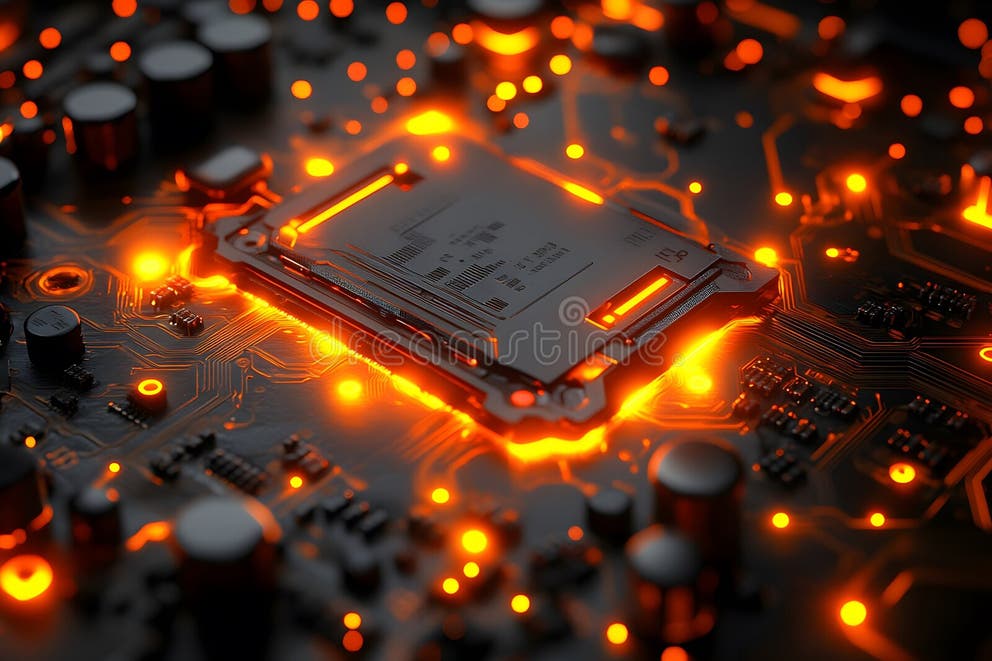 Glowing Circuit Board with Illuminated Microchip for Technology Design ...