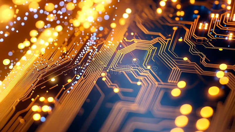 Intricate Circuit Macro Board Design with Vibrant Orange and Blue Pathways, Illustrating Modern ...