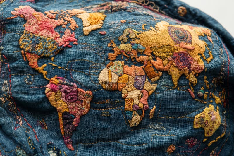 Embroidered World Map Showcasing Vibrant Colors and Intricate Stitching ...