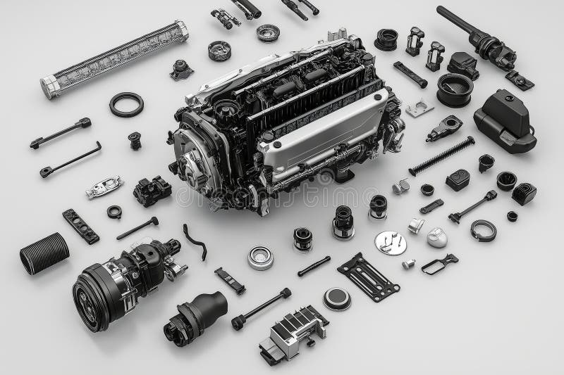 Detailed Engine Assembly with Individual Components on Neutral ...