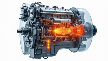 Detailed Engine Model with Translucent Casing and Illuminated Internals Stock Illustration ...
