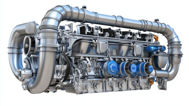 Detailed Engine Rendering: Precision Engineering in Silver and Blue ...