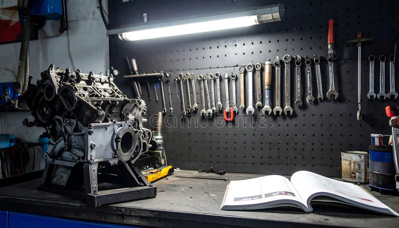 Detailed Engine Repair Scene. a Dismantled Motor Rests on a Workbench ...