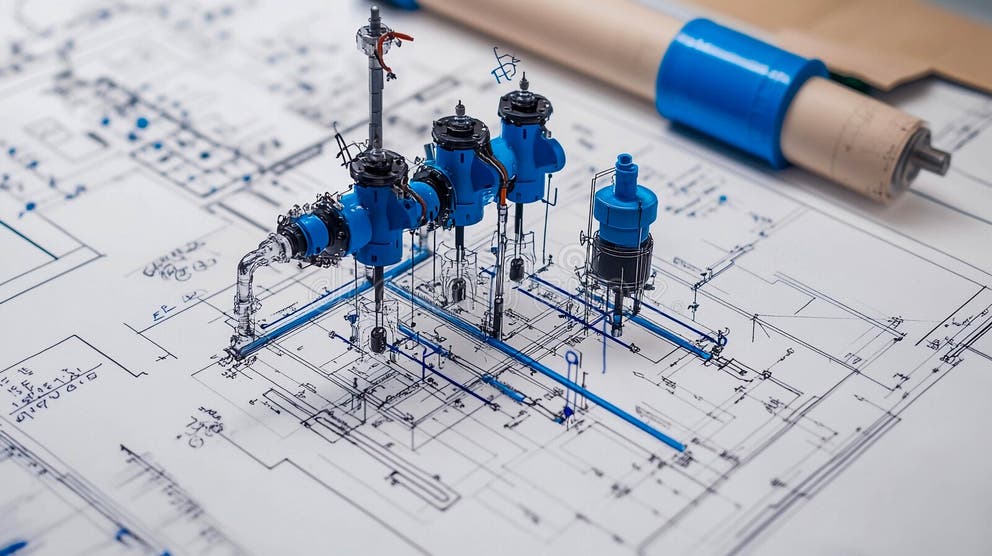 Detailed Engineering Blueprint with Blue Valve Models on Top of ...