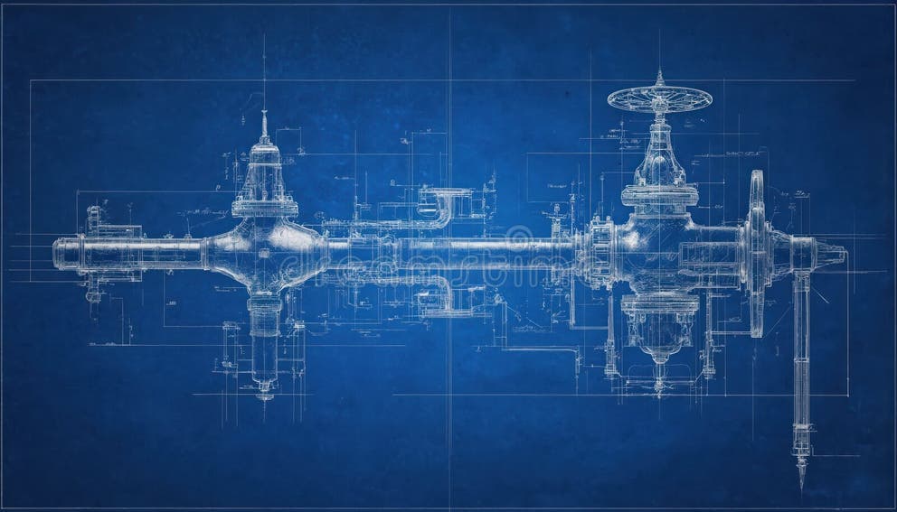 Detailed Engineering Blueprint for Industrial Valves, Complex Pipe System. Technical Drawing ...