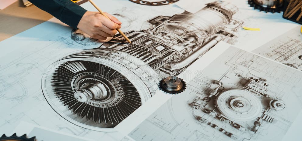 Detailed Engineering Drawing of Jet Engine with Technical Illustration ...