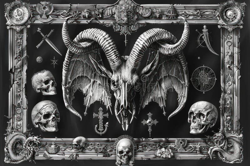 A Detailed Engraving of Baphomet Surrounded by Mystical Artifacts and ...