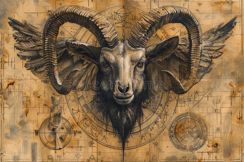 A Detailed Engraving of Baphomet Surrounded by Mystical Artifacts and ...