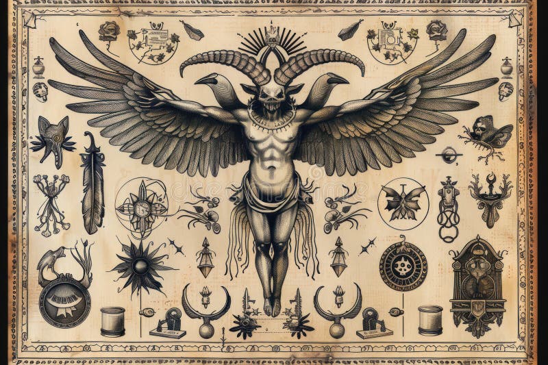 A Detailed Engraving of Baphomet Surrounded by Mystical Artifacts and ...
