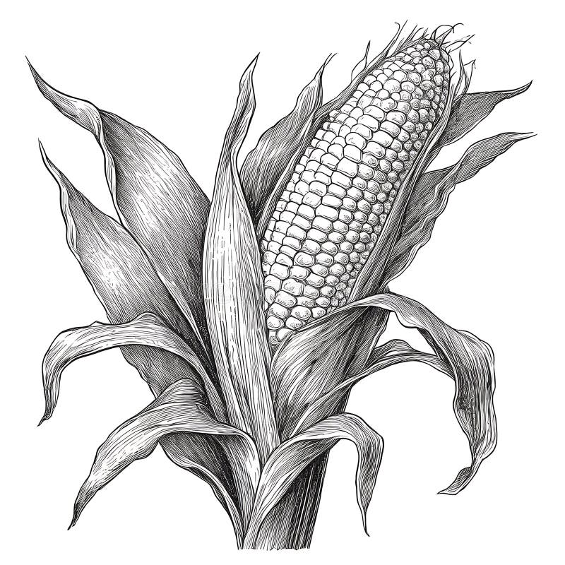 Detailed Engraving of a Corn Stalk with Husks and Kernels Rendered in a ...
