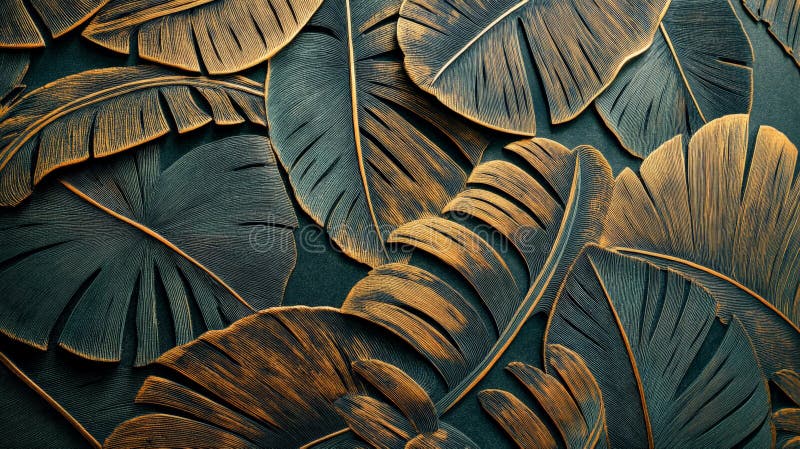 Detailed Engraving of Overlapping Tropical Leaves, Each Leaf Etched ...