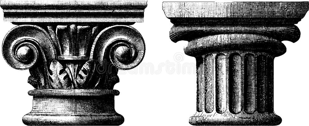 Detailed Engraving Set of Classical Stone Capitals and Decorative ...