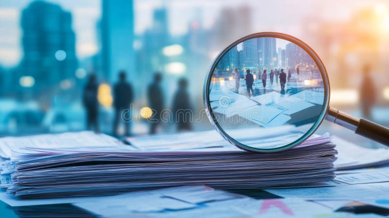 Detailed Examination of Documents with Magnifying Glass in Office Stock ...