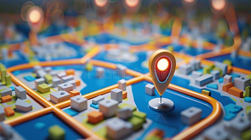 Detailed Exploration of an Isometric GPS Tracking Map with a Red Marker ...