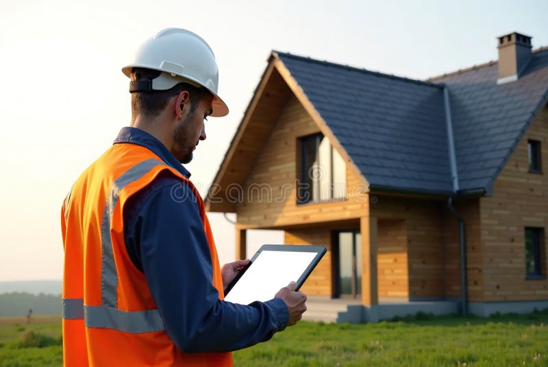 Modern House Exterior Inspection by Engineer Using Tablet Technology ...
