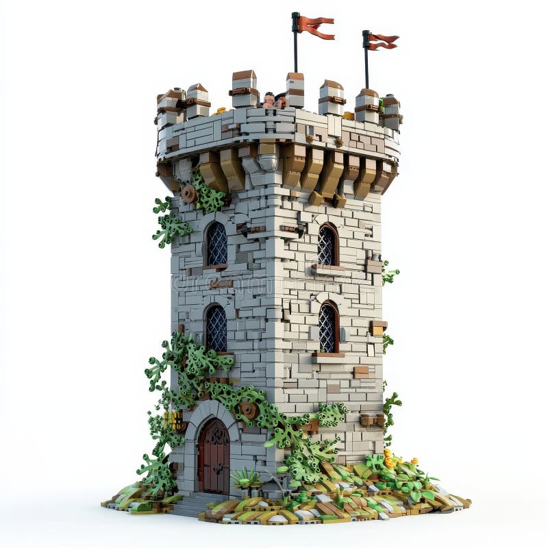 A Detailed, Fantasy-inspired Stone Tower with Flags and Greenery Stock ...