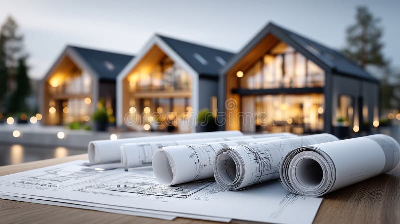 Detailed Flat Lay of Architectural Blueprints and Rolled Plans. Ideal ...