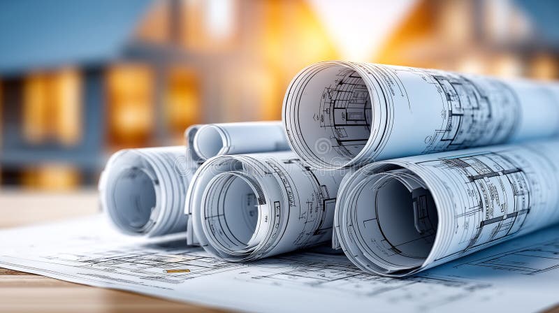 Detailed Flat Lay of Architectural Blueprints and Rolled Plans. Ideal ...