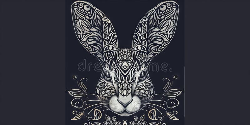 Detailed Flat Lay of a Rabbit Head with Intricate Tribal Patterns ...