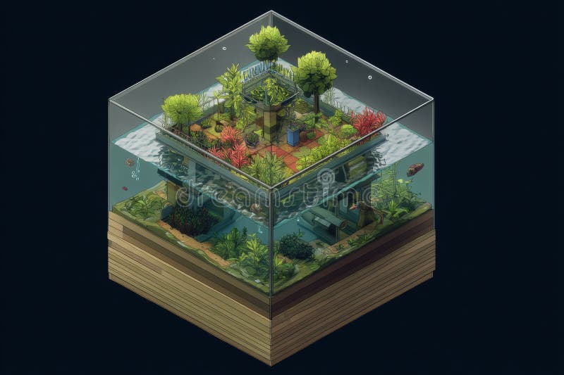 Floating Isometric Greenhouse Ecosystem Cube Showcasing Aquatic and ...