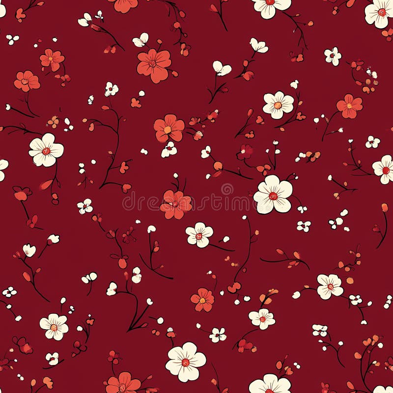 Detailed Floral Pattern with Small White and Red Flowers on Deep Maroon ...