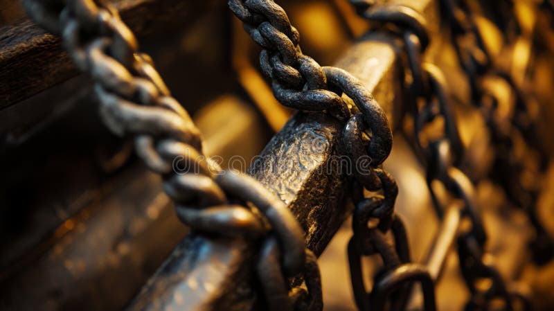 Close-up View of Interlinked Chains Reflecting Warm Light. this Image ...
