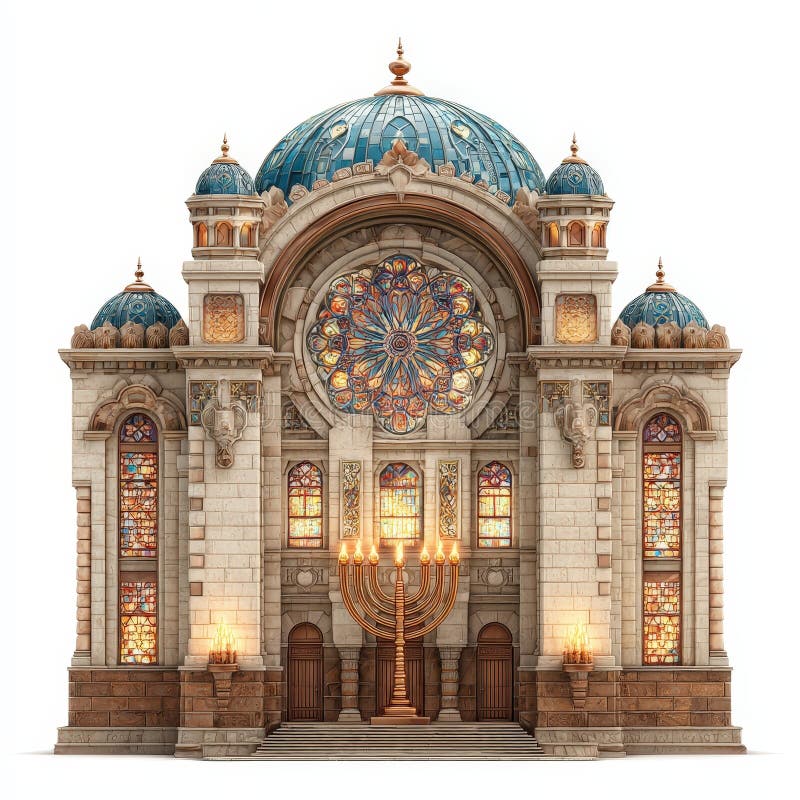 Ornate Synagogue Building with Domes and Menorah Stock Illustration ...