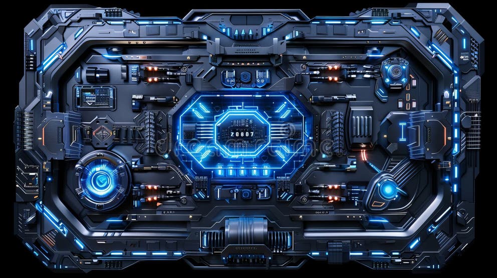 Detailed Futuristic Control Panel Interface with Glowing Elements Stock ...