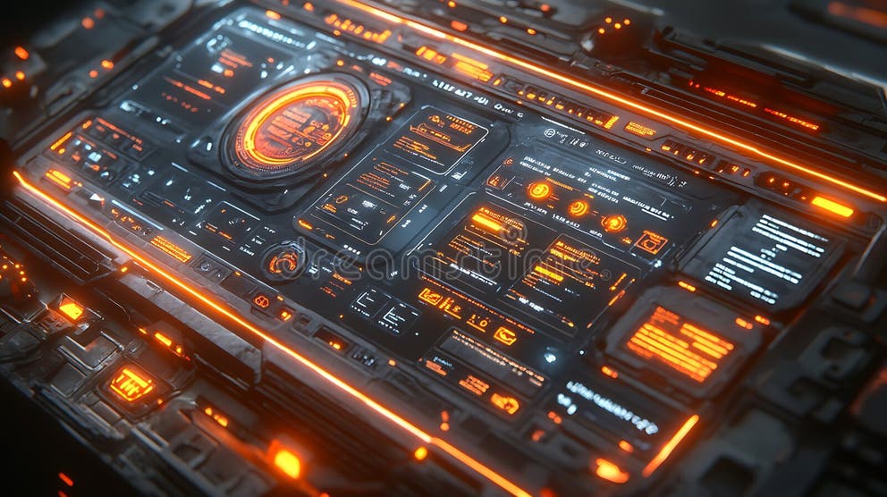 Futuristic Sci Fi Control Panel Interface with Glowing Orange Lights ...