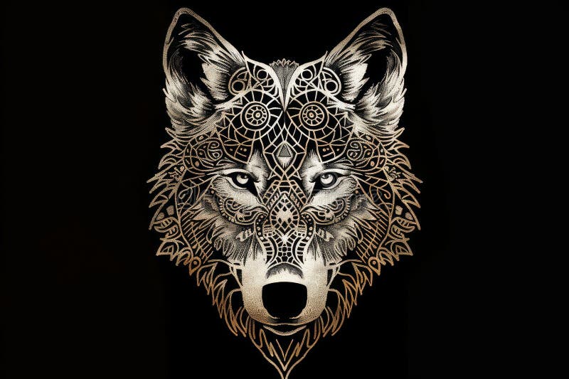 Intricate Geometric Wolf Illustration with Tribal Patterns on Black ...