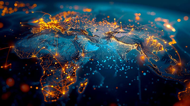Detailed Global Network Connection Over Earth at Night Scene Stock ...