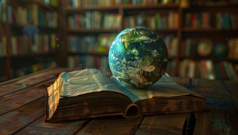 Earth Resting on an Open Book in a Library Filled with Books and ...