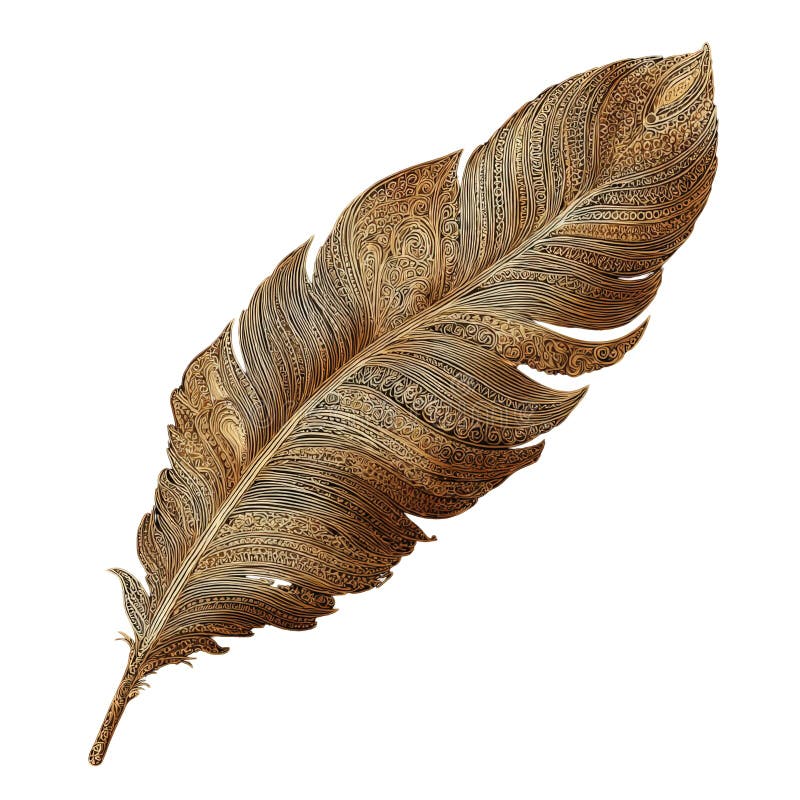 A Detailed Golden Feather with Intricate Patterns on Black Background ...