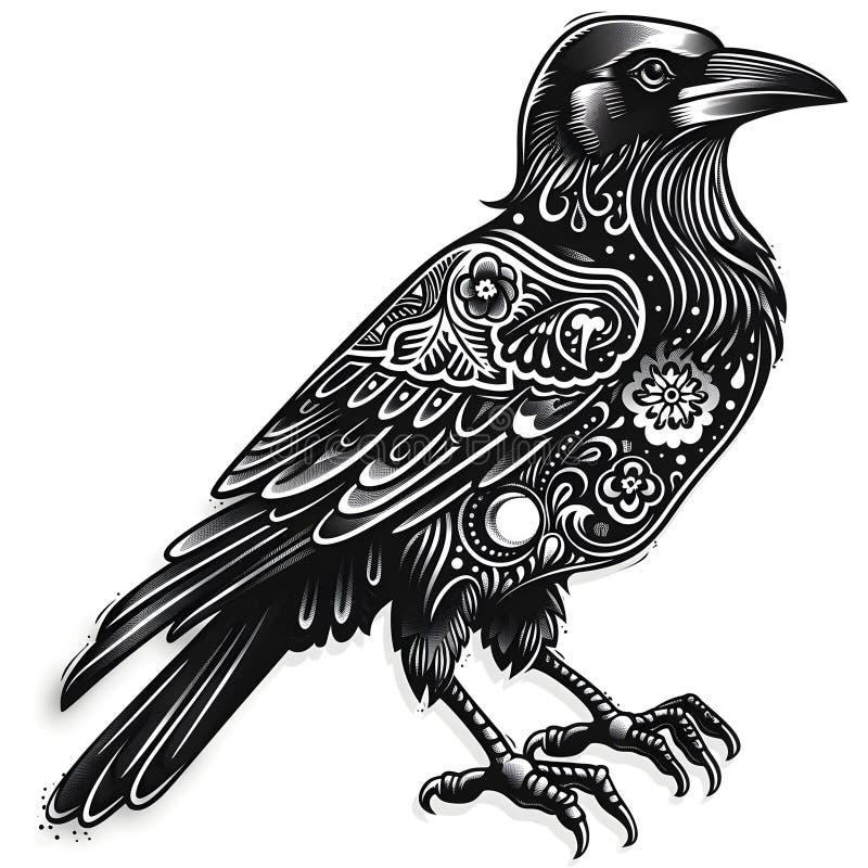 A Detailed Gothic Raven Tattoo Showcases Ornate Feather Patterns and ...