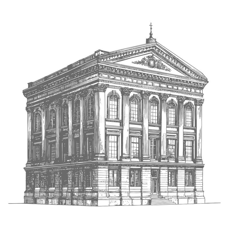 Grand Neoclassical Building Architectural Sketch, Elegant Facade Design ...