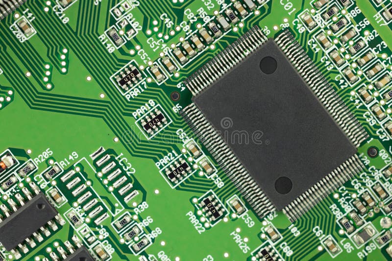 Detailed Green Circuit Board with Multiple Chips Stock Image - Image of ...