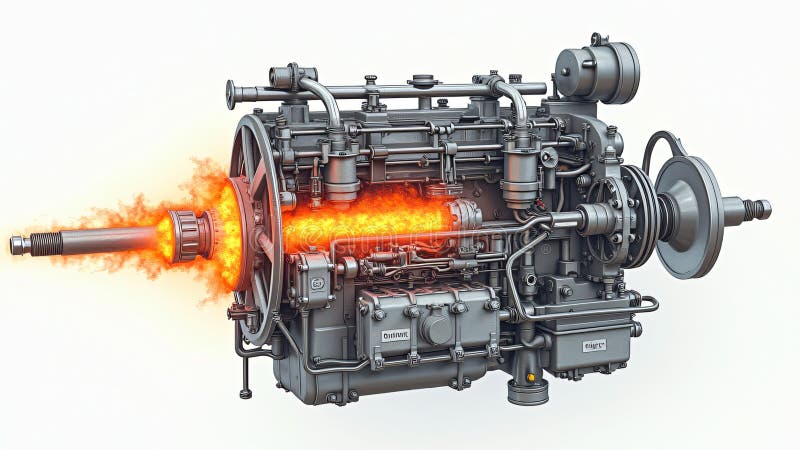 Grey Engine with Flames and Metal Components Stock Illustration ...