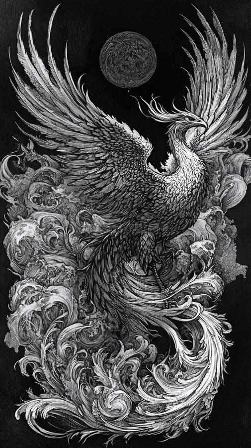Detailed Hand-drawn Engraving of a Phoenix Rising from Flames. Stock ...