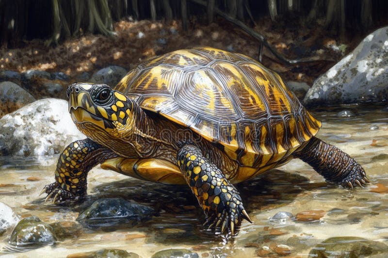 A Detailed Hand-drawn Illustration of a Box Turtle in a Natural Setting ...
